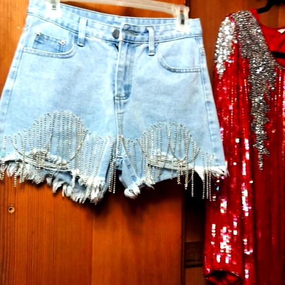 Shorts | High Waist Ripped Rhinestone Tassel Denim Jean Fringe Shorts ...